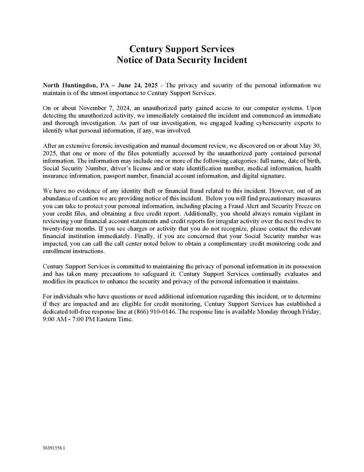 Notice of Data Security Incident - Century Support Services